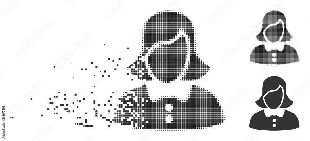 Gray vector female icon in fractured, pixelated halftone and undamaged ...