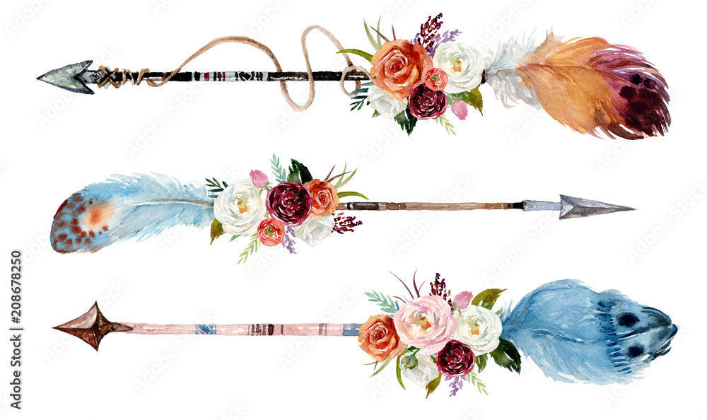 Watercolor ethnic boho set of arrows, feathers and flowers, native ...