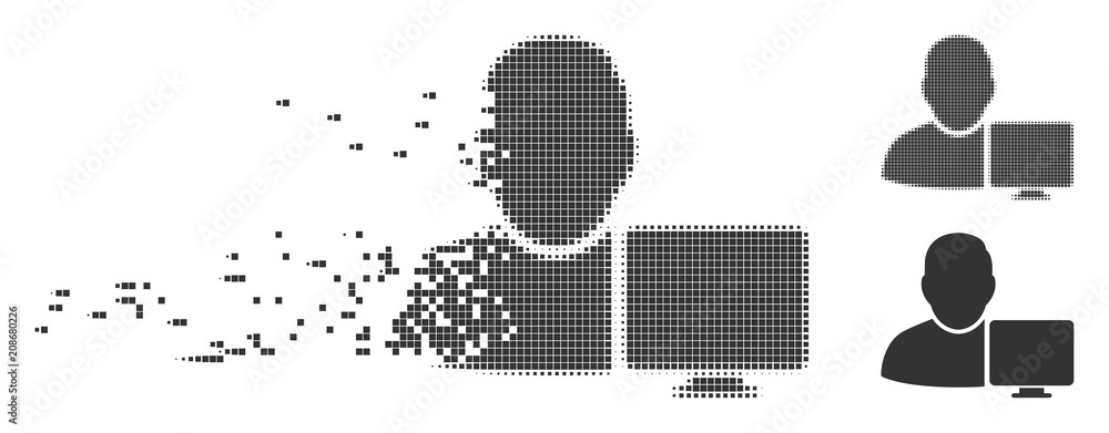 Grey vector user computer icon in dissolved, dotted halftone and ...