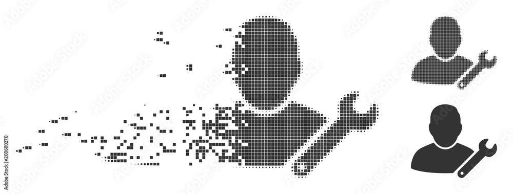 Grey vector user customize wrench icon in dispersed, dotted halftone ...