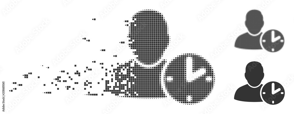 Grey vector user time icon in dissolved, dotted halftone and undamaged ...