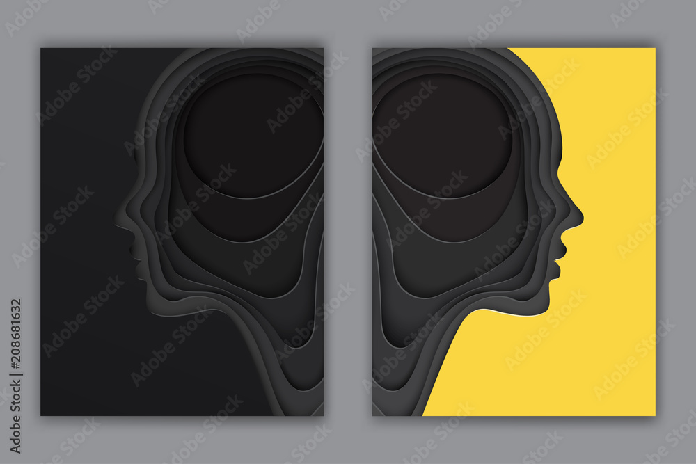 Modern postcards with layered cut out colored paper human profile ...