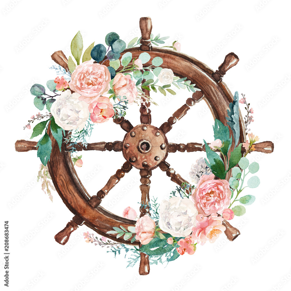 Watercolor hand drawn nautical / marine / floral illustration with ...