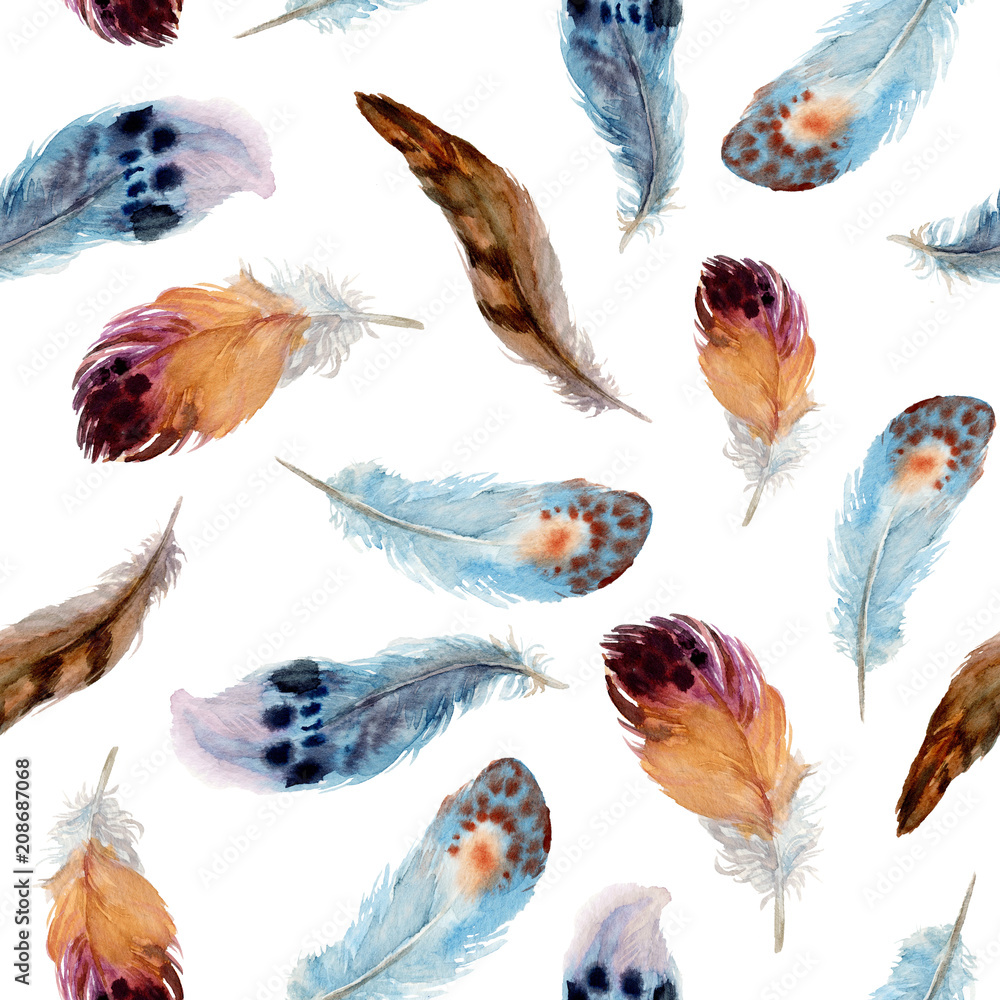 Watercolor boho seamless pattern of feathers on white background ...