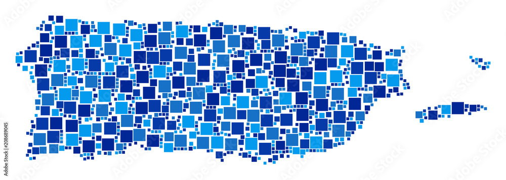 Puerto Rico map collage of random square elements in various sizes and ...