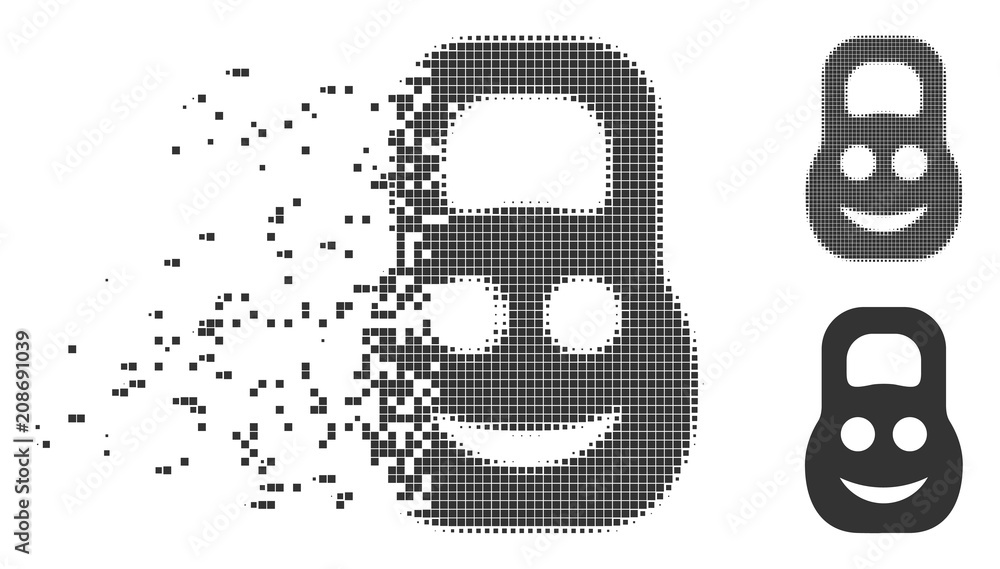 Gray vector fitness iron smile icon in dissolved, pixelated halftone ...