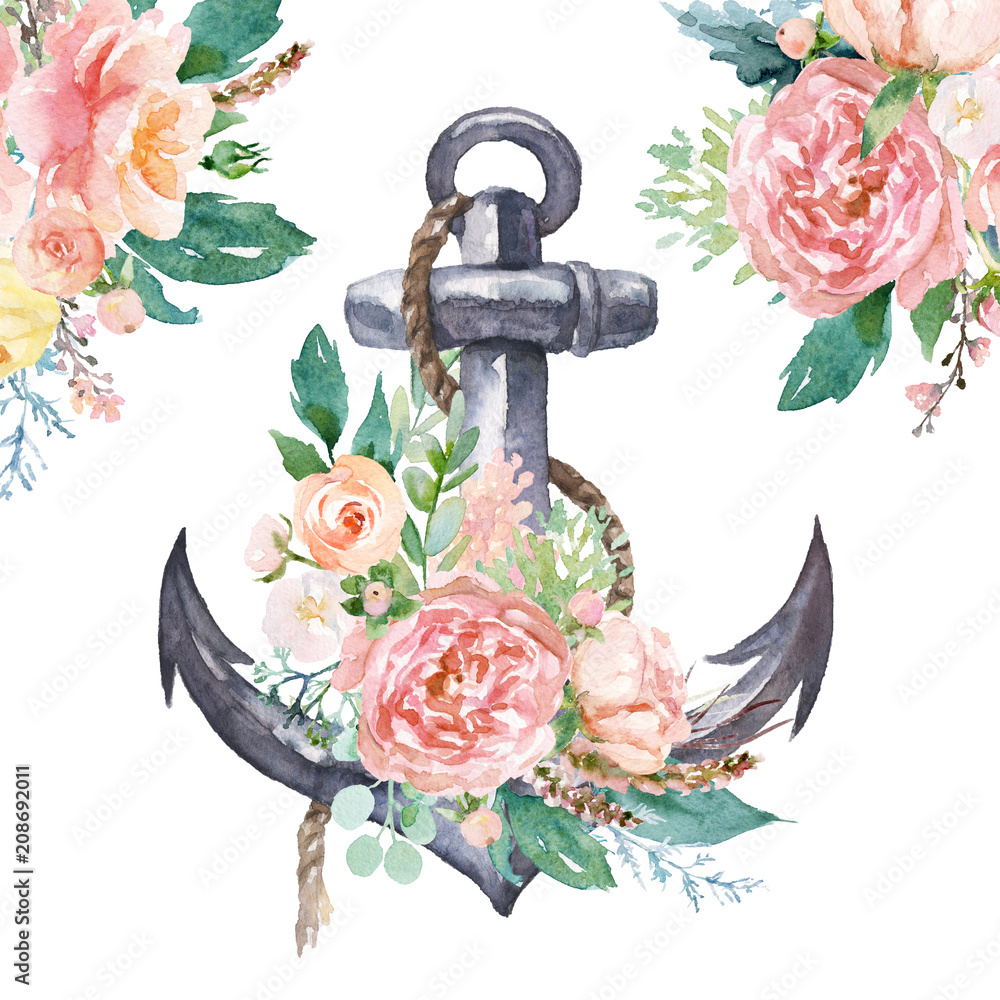 Watercolor hand drawn nautical / marine / floral illustration with ...