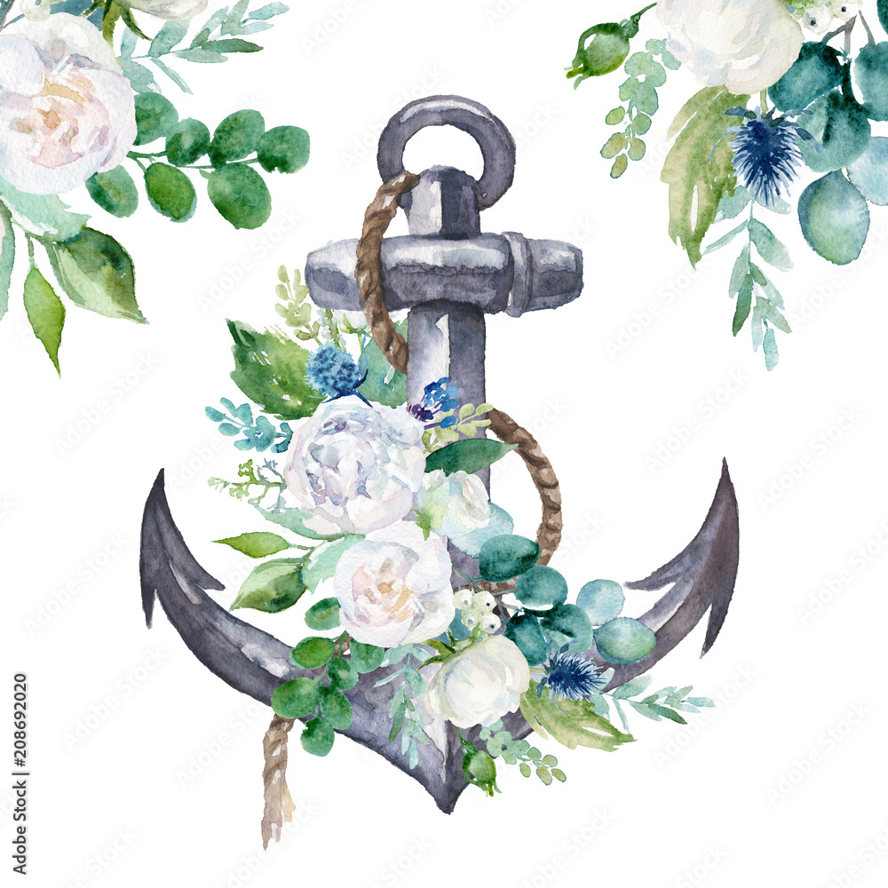 Watercolor hand drawn nautical / marine / floral illustration with ...