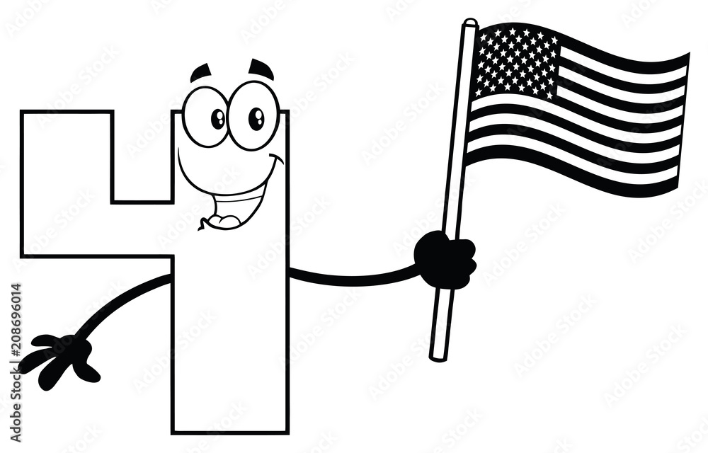 Black And White Number Four Cartoon Mascot Character Waving An American ...