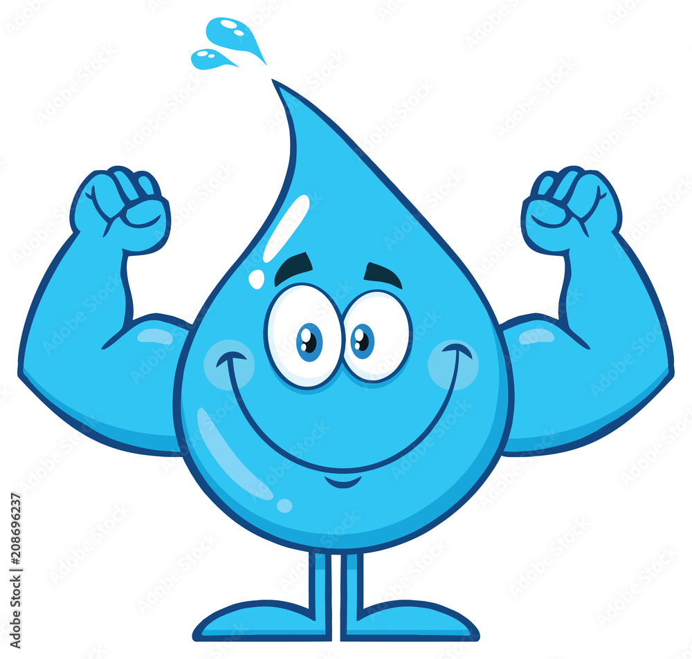 Smiling Blue Water Drop Cartoon Mascot Character Showing Muscle Arms ...