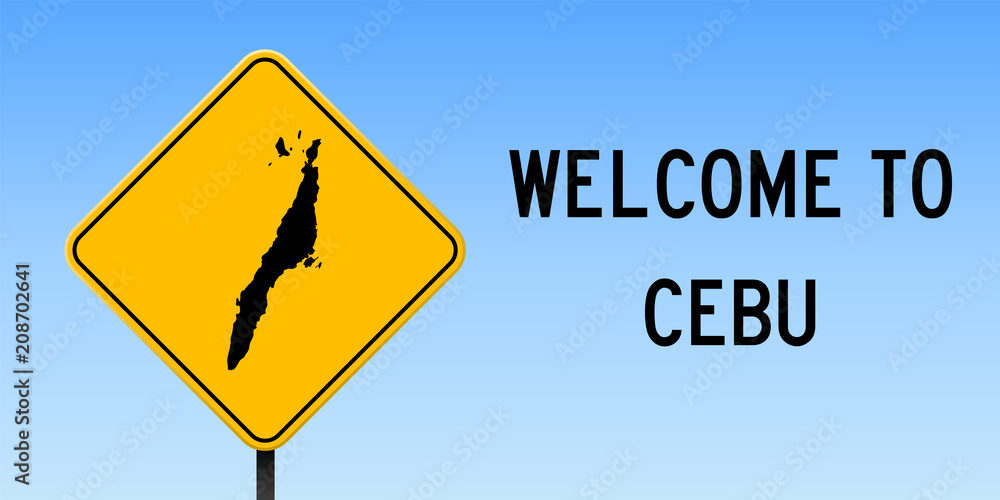 Cebu map on road sign. Wide poster with Cebu island map on yellow rhomb ...