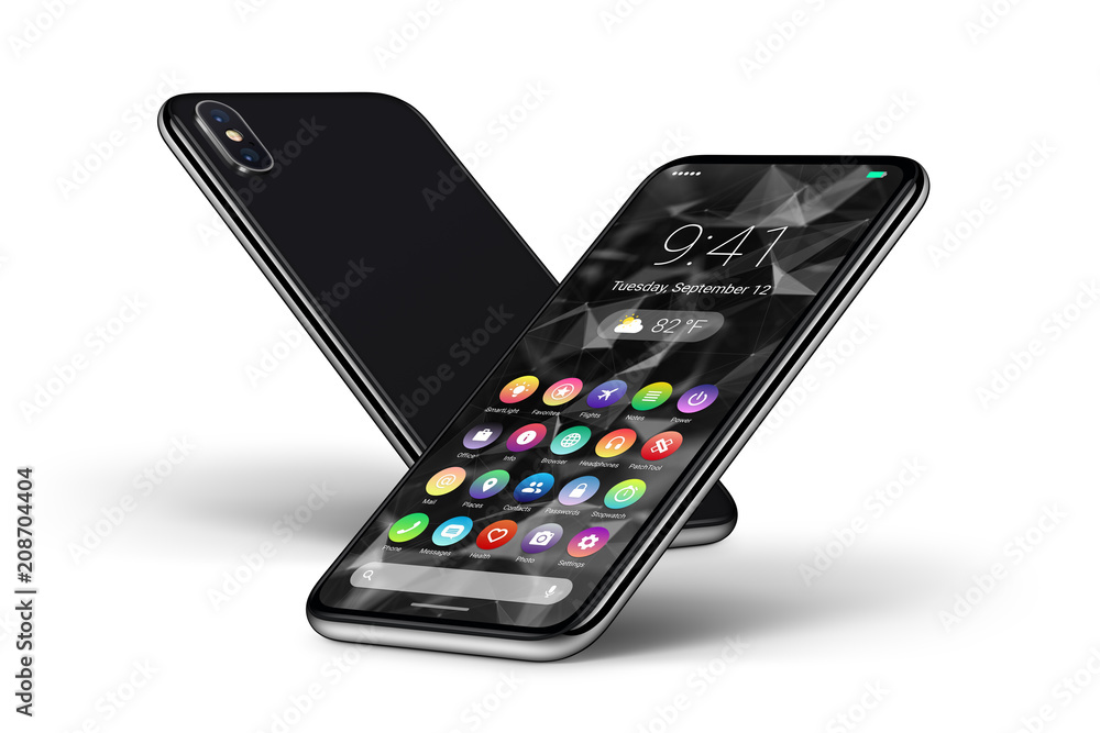Perspective black smartphones with material design flat UI interface ...