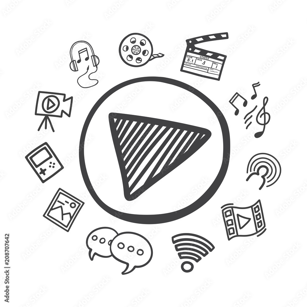 Hand drawn is play button with a social media icon. Vector illustration ...