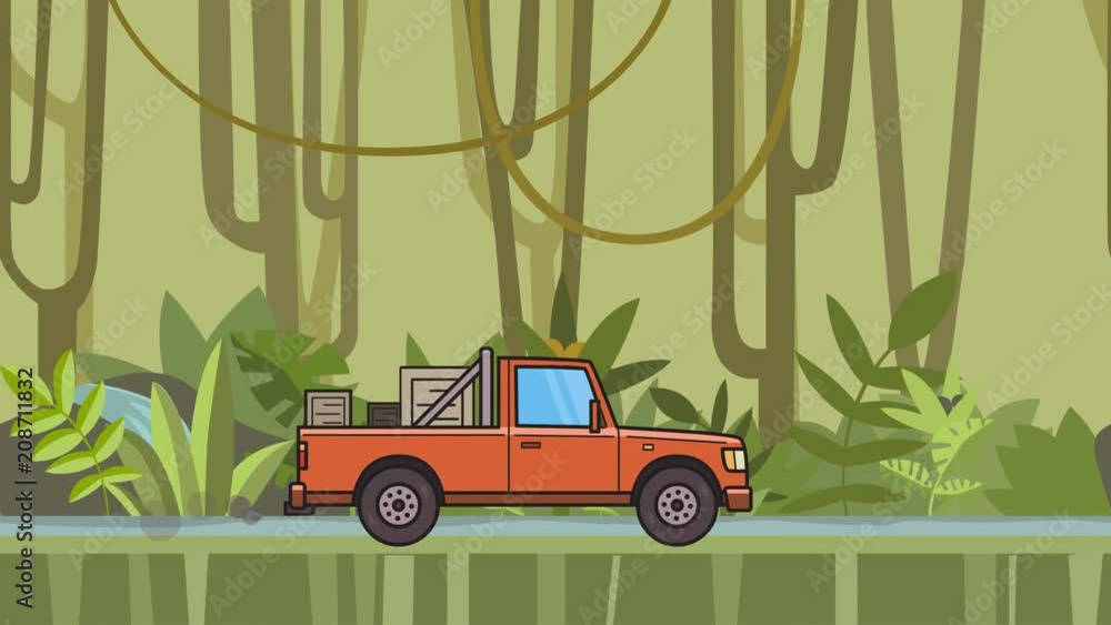 Animated pickup truck with boxes in the trunk riding through green ...