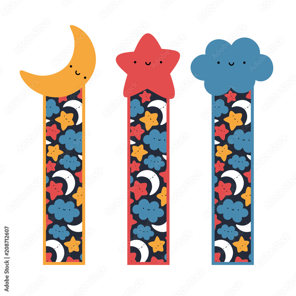 Cute Face Moon, Star and Cloud Bookmarks, Printable Sky Template ...