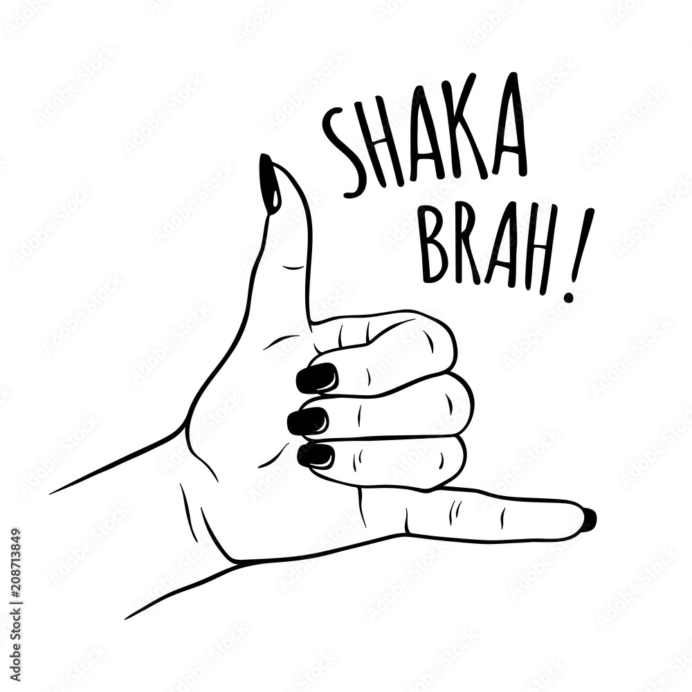 Hand drawn female hand in shaka sign gesture. Flash tattoo, blackwork ...