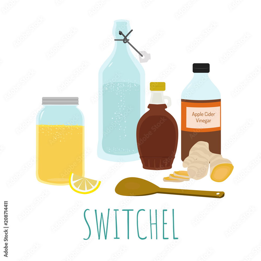 Switchel fermented ginger drink mixing set in a mason jar. Isolated on ...