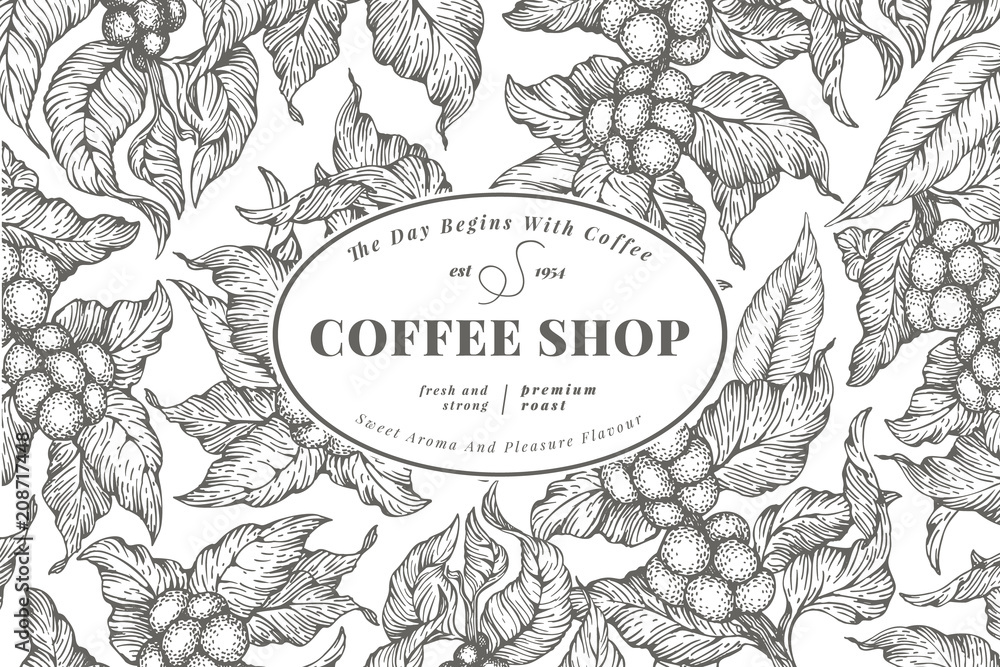 Coffee tree banner template. Vector illustration. Vintage coffee ...