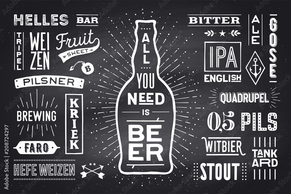 Beer. Poster or banner with text All You Need Is Beer and names types ...