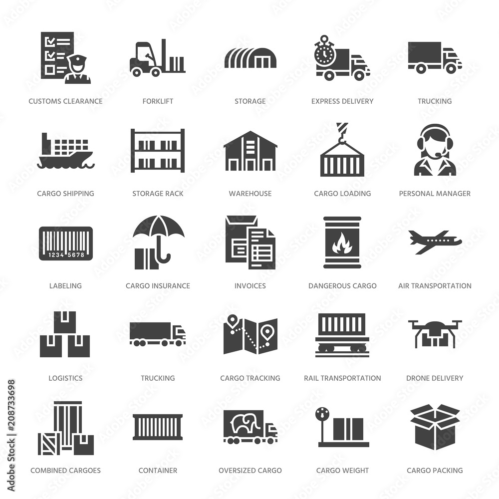 Cargo transportation flat glyph icons Trucking, express delivery ...