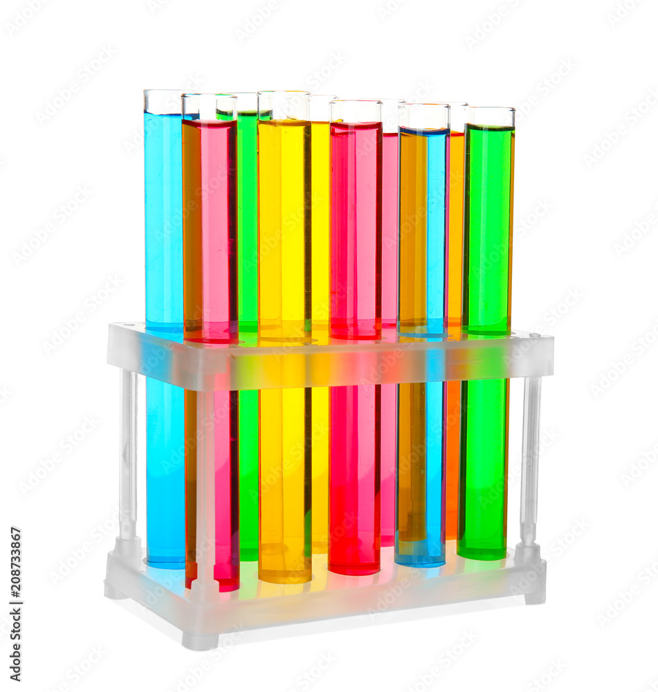 Test tubes with colorful samples on white background Stock Photo ...