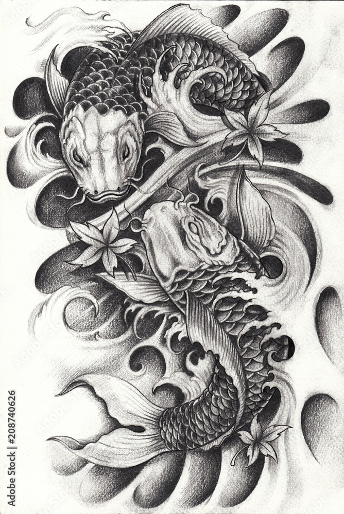 Fancy carp fish tattoo design by hand pencil drawing on paper. Stock ...
