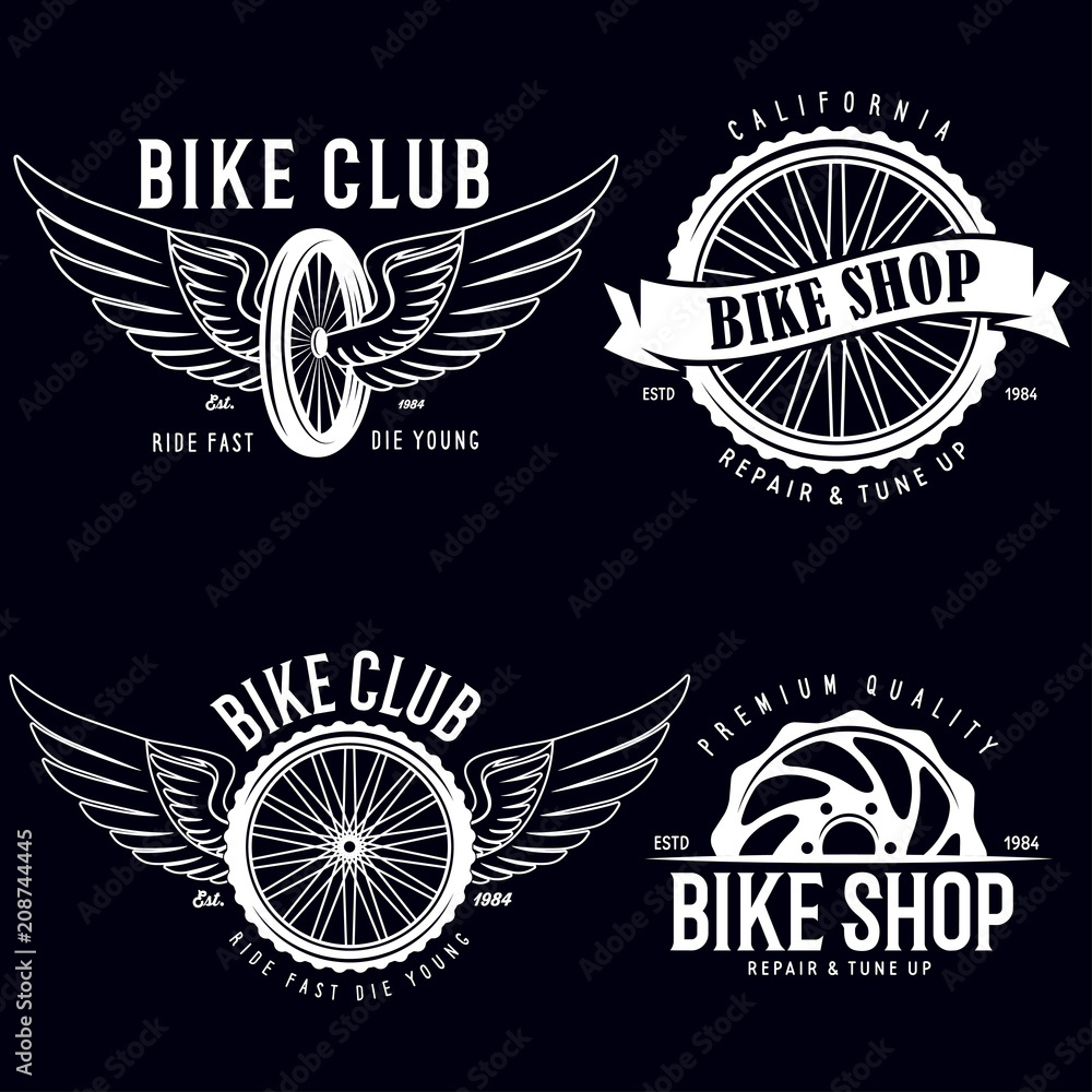 Set of vintage and modern bike shop logo badges and labels. Cycle wheel ...