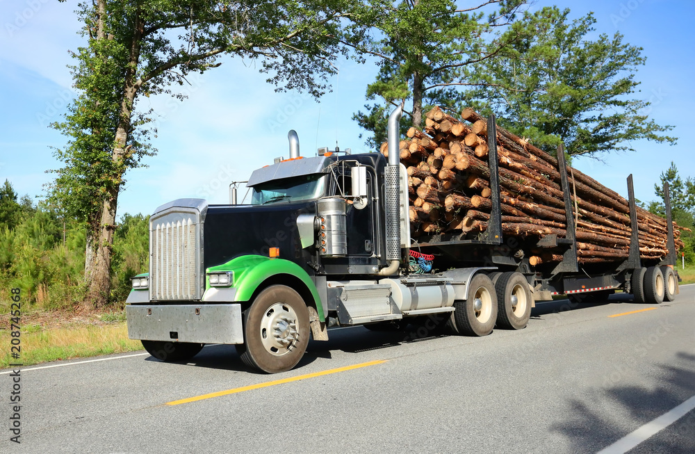 Logging truck driving fast in rural Georgia on the way to the paper ...
