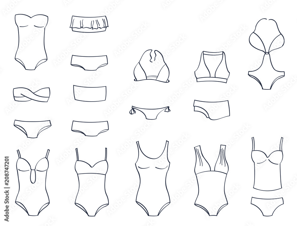 Contours of swimwear, one-piece swimsuits and two-piece bathing suits ...