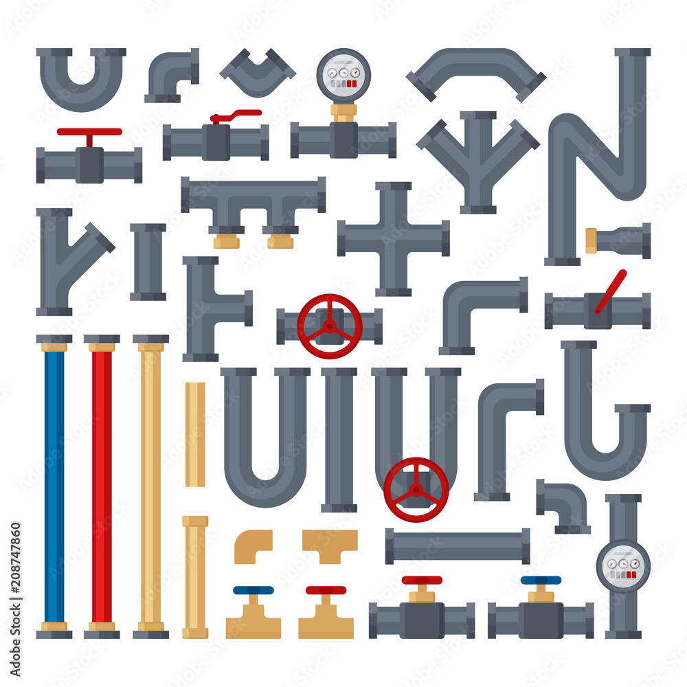 Set of tubes and pipelines pats isolated on white background. Flat ...