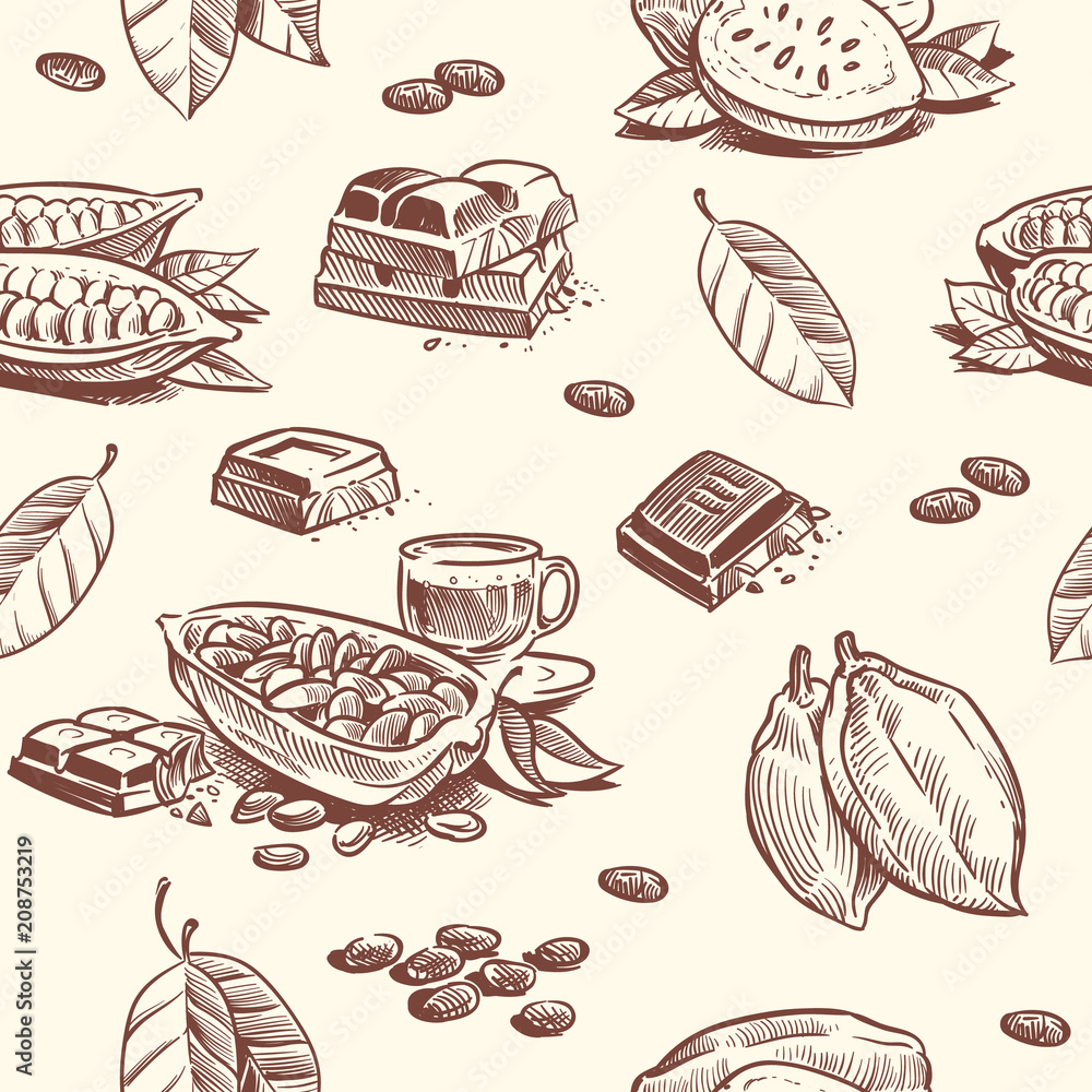 Cocoa tree, chocolate beans seamless pattern. Cacao fruit woodcut ...