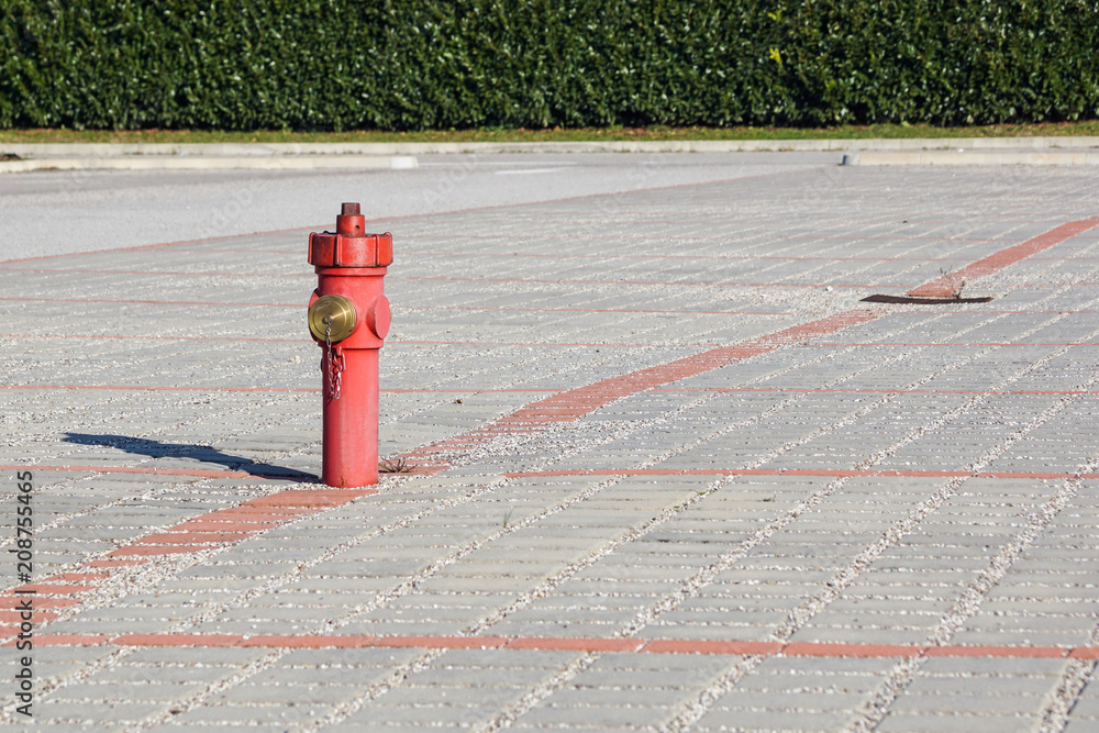 Old red fire hydrant in the street. Fire hidrant for emergency fire ...
