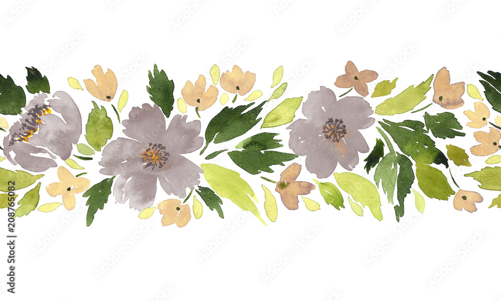 Seamless watercolor floral border pattern. Flowers and leaves ...