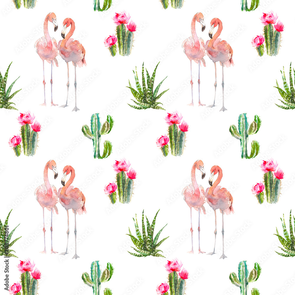 Seamless pattern with tropical bird flamingo, cactus, succulents and ...