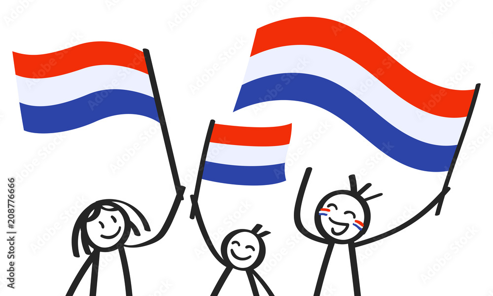 Cheering group of three happy stick figures with Dutch national flags ...