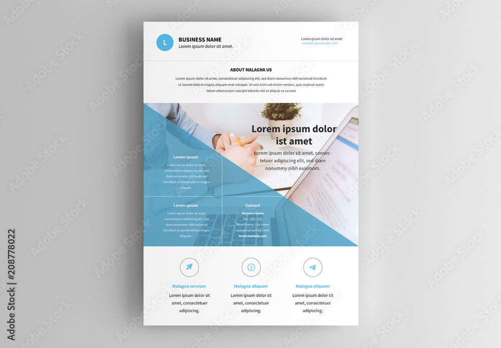 Business Flyer Layout with Blue Diagonal Overlay Stock Template | Adobe ...
