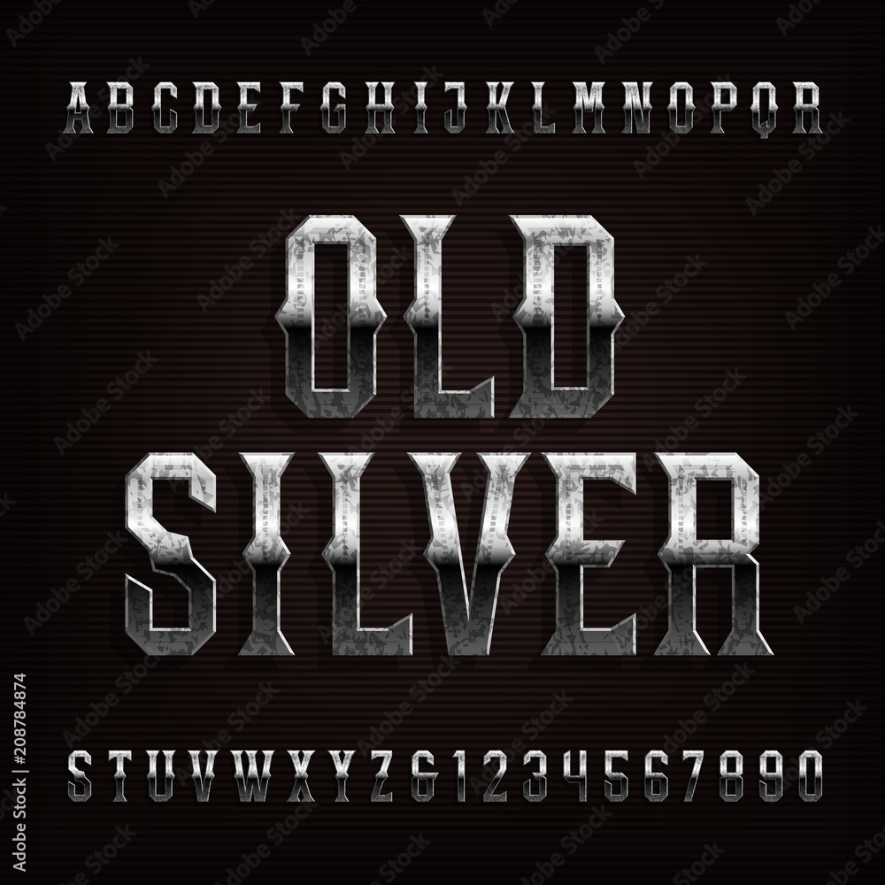 Old silver alphabet font. Vintage metal with patina letters and numbers ...