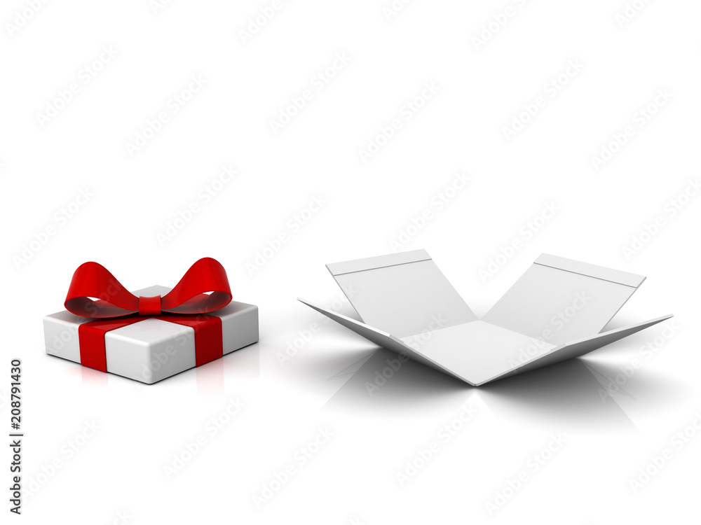 Open gift box , present box with red ribbon and bow isolated on white ...