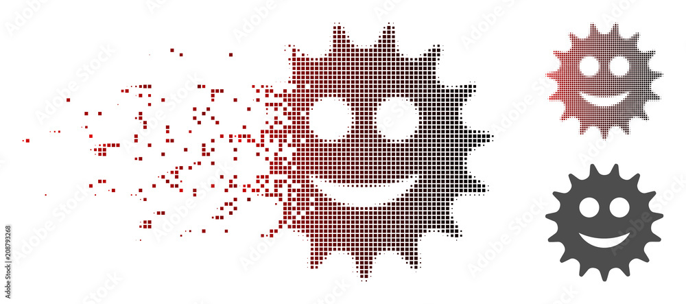 Vector cog smile icon in fractured, pixelated halftone with red to ...