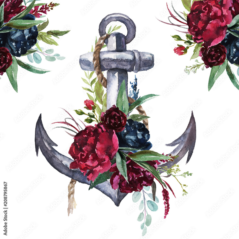 Watercolor hand drawn nautical / marine / floral illustration with ...