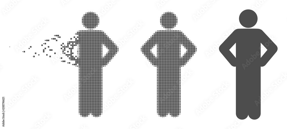 Grey vector akimbo pose icon in dissolved, pixelated halftone and ...