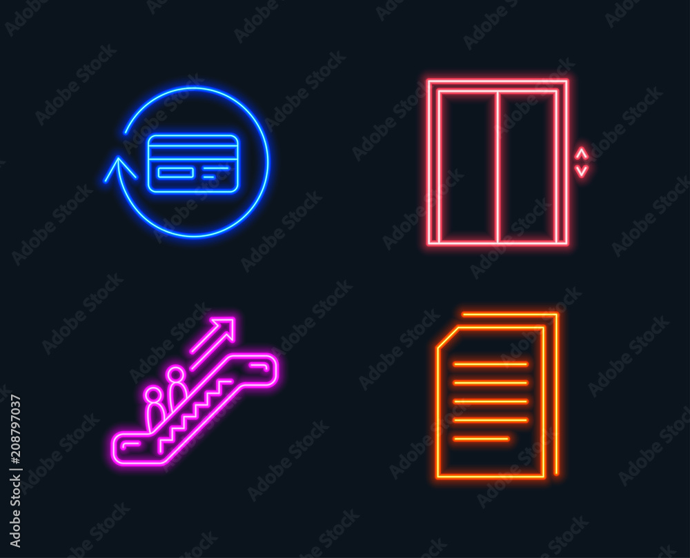 Neon lights. Set of Lift, Escalator and Refund commission icons. Copy ...