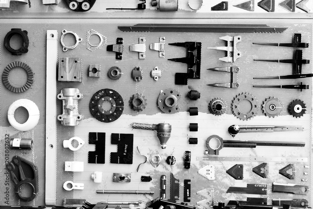 set of spare parts for agricultural machines black and white Stock ...