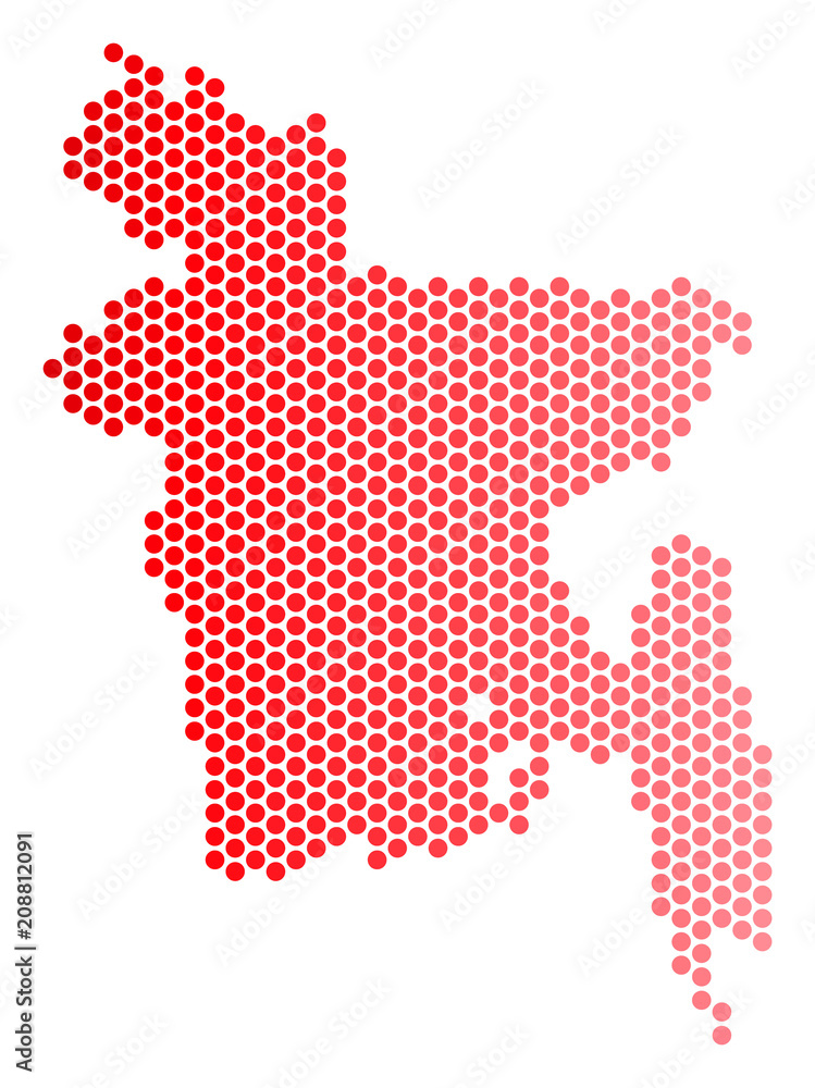 Red circle dot Bangladesh map. Geographic scheme in red color with ...