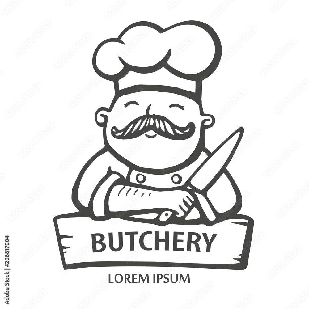 Butchery logo. Hand drawn vector illustration of chief-cooker with a ...