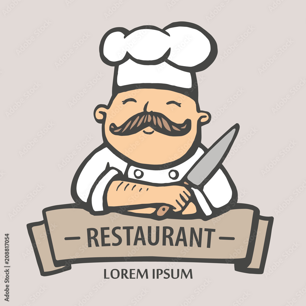 Restaurant logo. Hand drawn vector illustration of chief-cooker with a ...