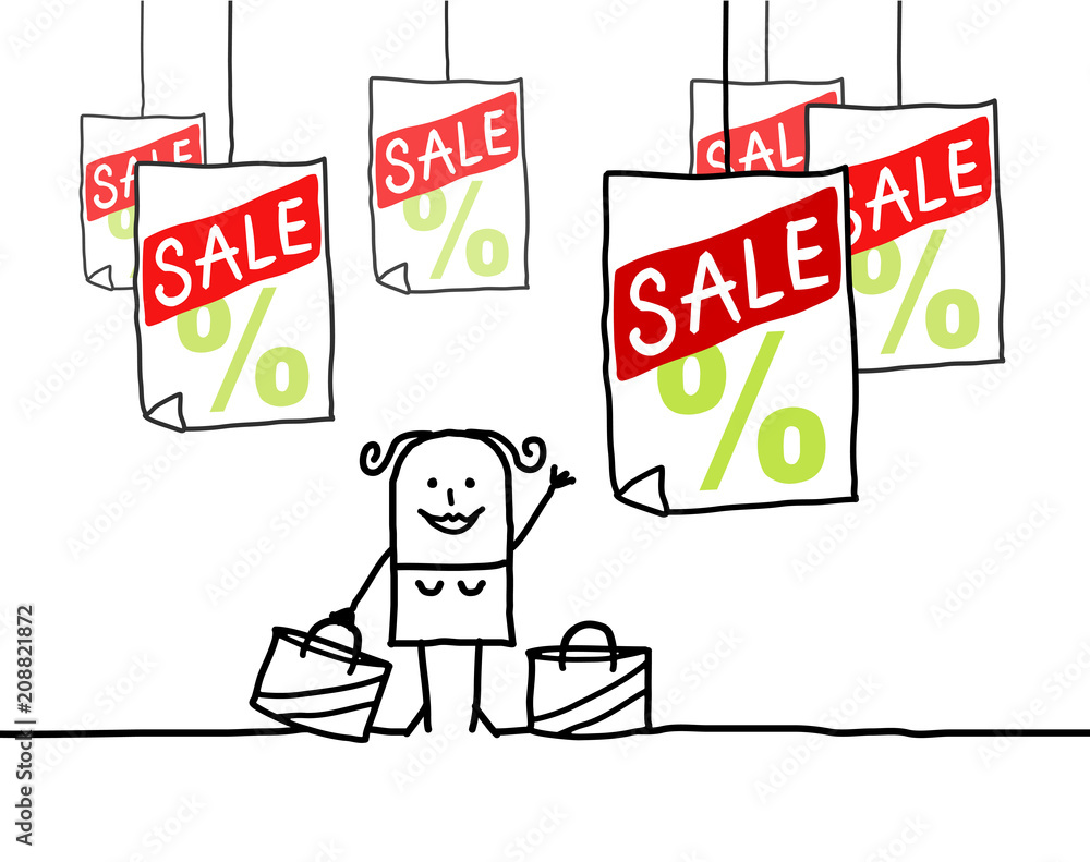 Cartoon shopping woman and sale Stock Vector | Adobe Stock