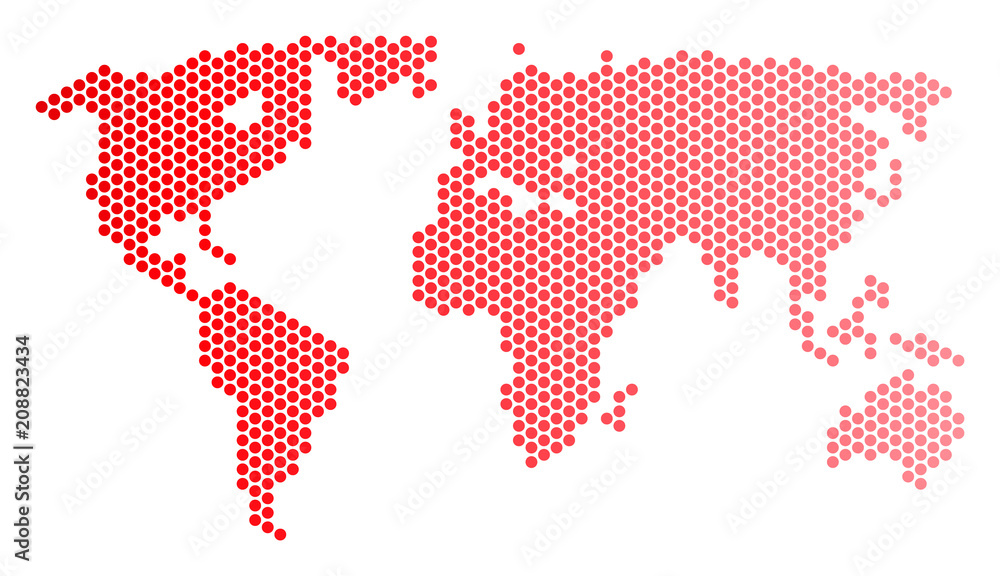 Red circle dot world map. Geographic plan in red color with horizontal ...