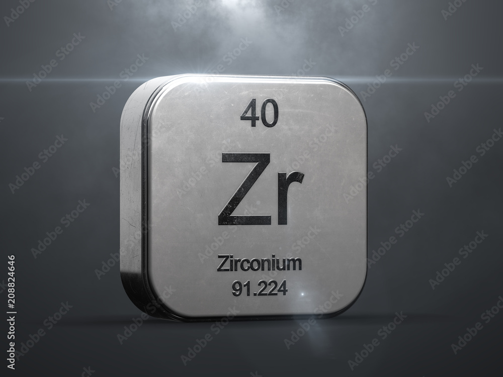 Zirconium element from the periodic table. Metallic icon 3D rendered ...