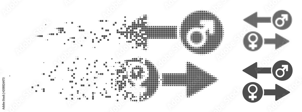 Gray vector gender exchange icon in fractured, pixelated halftone and ...